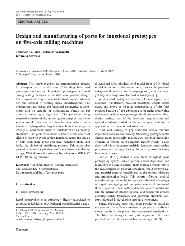 (PDF) Design and manufacturing of parts for functional prototypes on ...