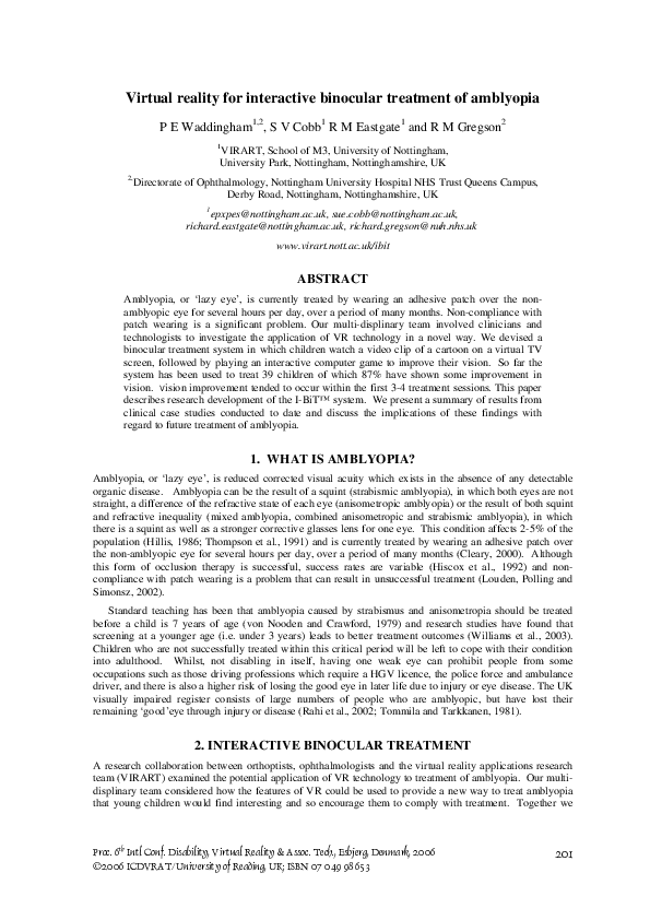 (PDF) Virtual reality for interactive binocular treatment of amblyopia