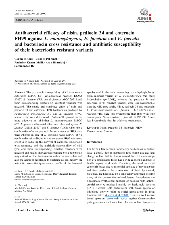 (PDF) Antibacterial efficacy of Nisin, Pediocin 34 and Enterocin FH99 ...