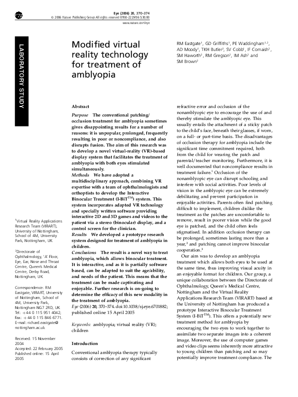 (PDF) VR-Based Treatment for Amblyopia