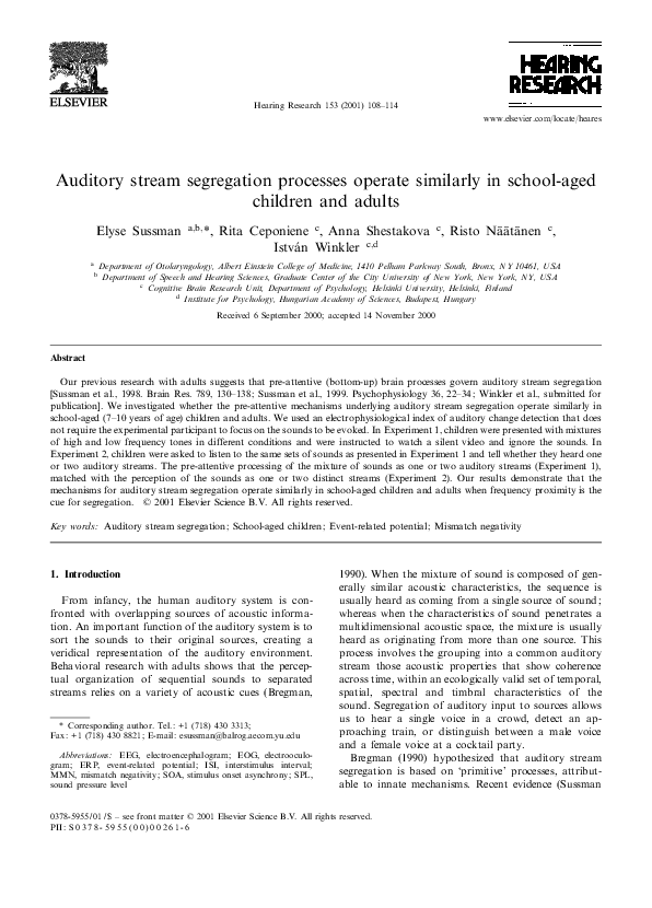 (PDF) Auditory stream segregation processes operate similarly in school-aged children and adults