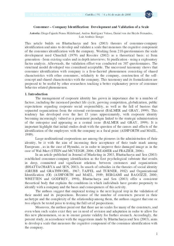(PDF) Consumer-company identification: development and validation of a ... (PDF) Consumer-company identification: development and validation of a ...