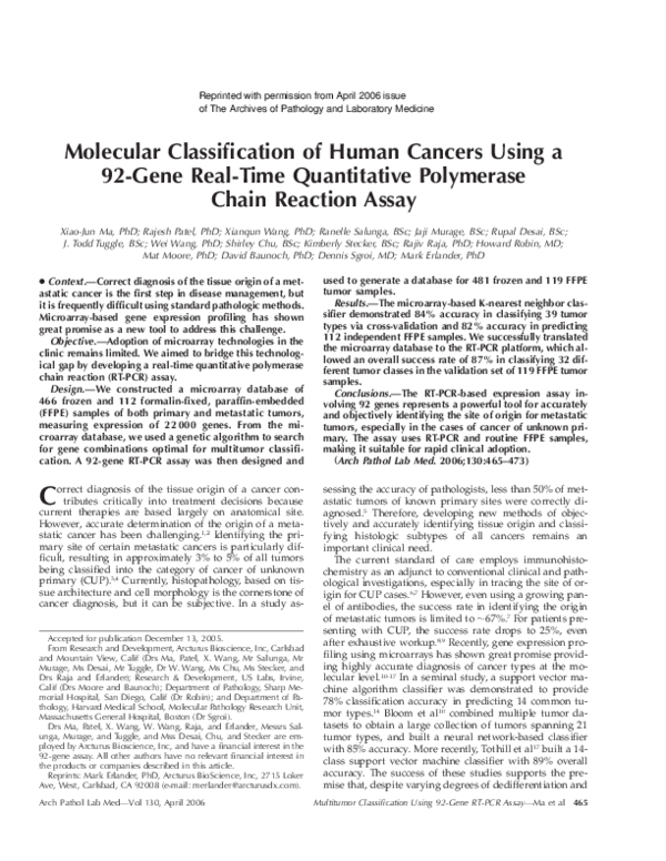 (PDF) Molecular Classification of Human Cancers Using a 92-Gene Real-Time Quantitative ...
