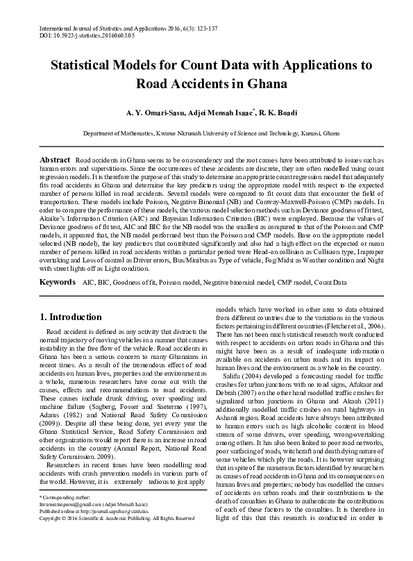 (PDF) Statistical Models for Count Data with Applications to Road Accidents in Ghana