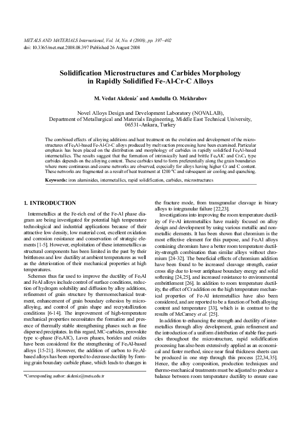 (PDF) Solidification Microstructures and Carbides Morphology in Rapidly Solidified Fe-Al-Cr-C Alloys