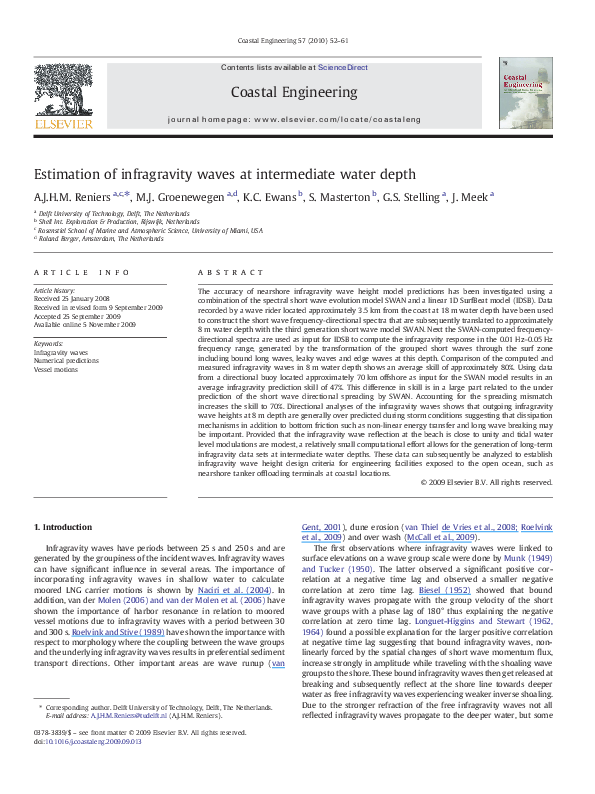 Pdf Estimation Of Infragravity Waves At Intermediate Water Depth