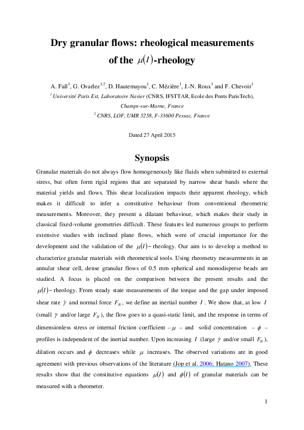 Pdf Dry Granular Flows Rheological Measurements Of The μi Rheology