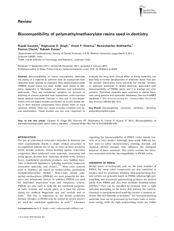 (PDF) Biocompatibility of polymethylmethacrylate resins used in dentistry