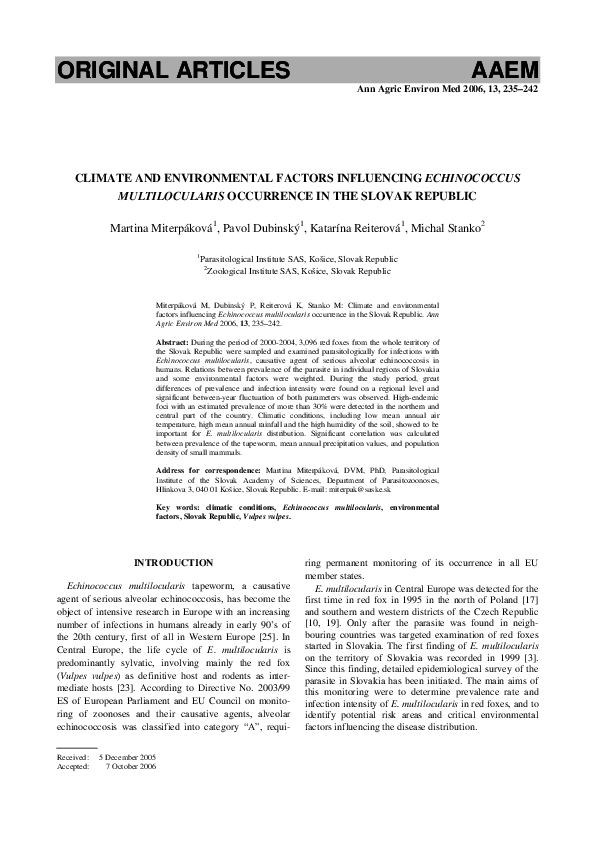 (PDF) Climate and environmental factors influencing Echinococcus multilocularis occurrence in ...