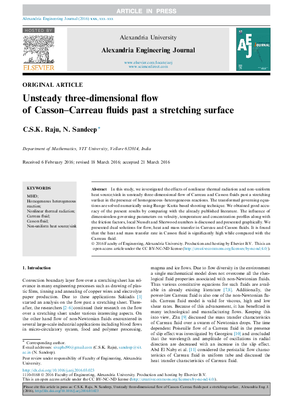(PDF) Unsteady three-dimensional flow of Casson–Carreau fluids past a ...