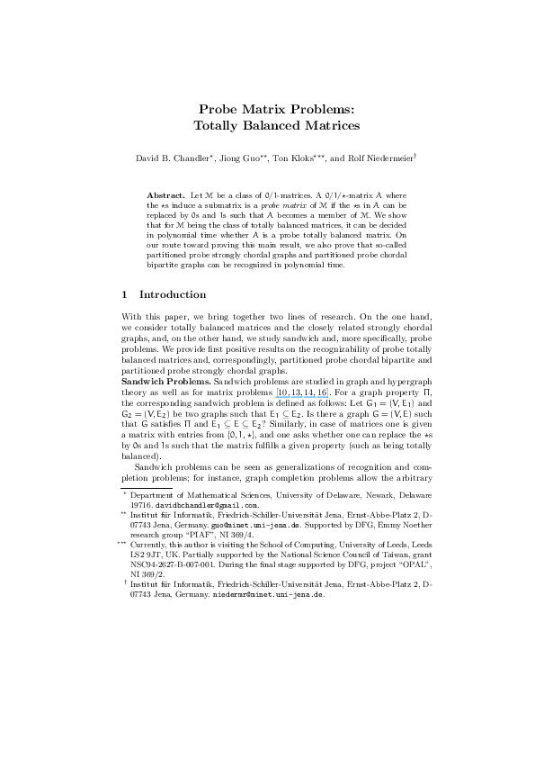 (PDF) Probe Matrix Problems: Totally Balanced Matrices