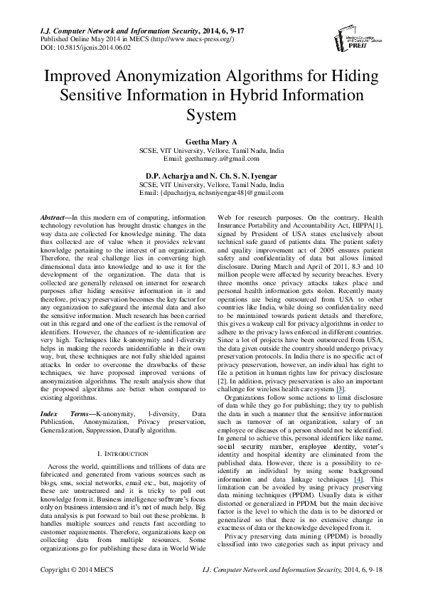 Pdf Improved Anonymization Algorithms For Hiding Sensitive Information In Hybrid Information
