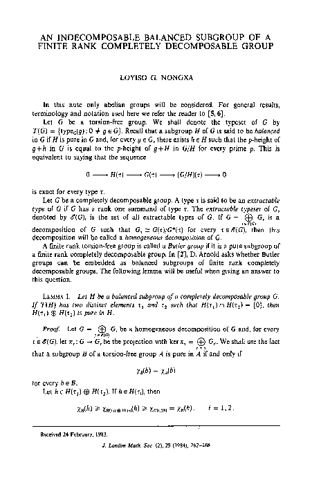 (PDF) An Indecomposable Balanced Subgroup of a Finite Rank Completely Decomposable Group