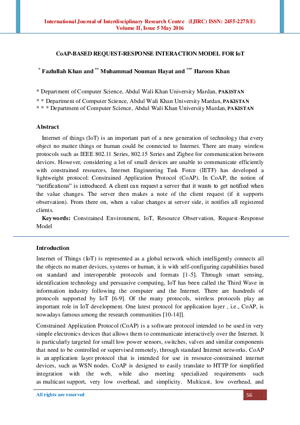 (PDF) CoAP-BASED REQUEST-RESPONSE INTERACTION MODEL FOR IoT | Fazlullah ...