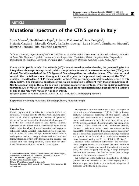 (PDF) Mutational spectrum of the CTNS gene in Italy