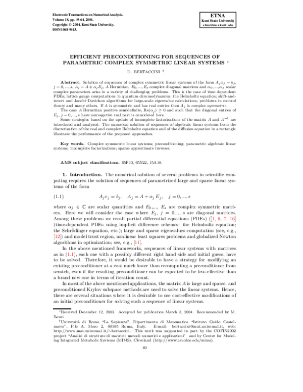 Pdf Efficient Preconditioning For Sequences Of Parametric Complex