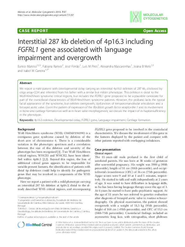 (PDF) Interstitial 287 kb deletion of 4p16.3 including FGFRL1 gene ...