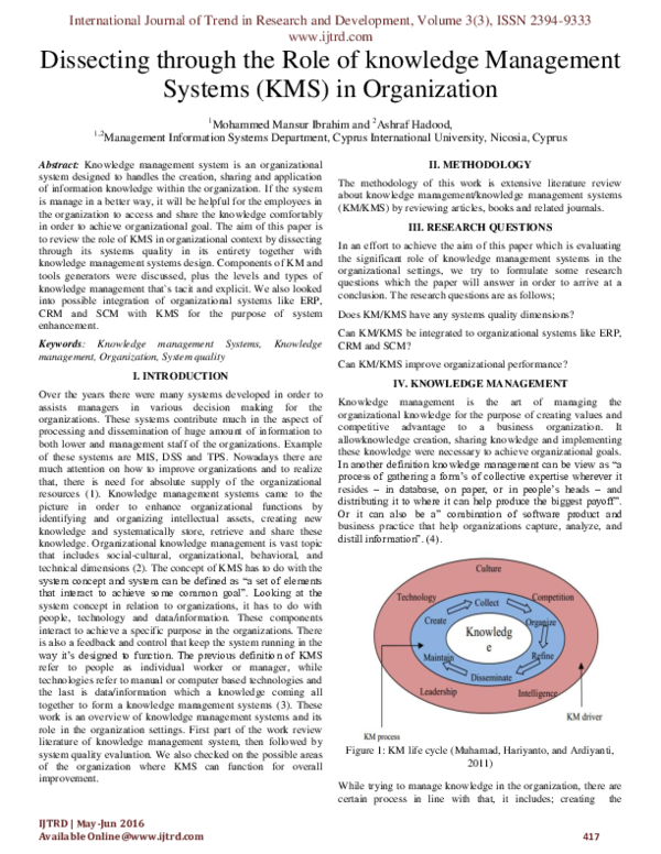 (PDF) Dissecting through the Role of knowledge Management Systems (KMS) in Organization
