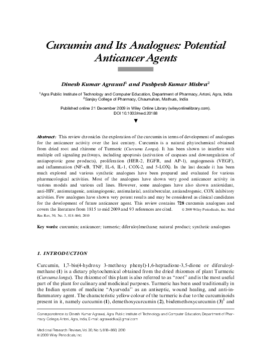(PDF) Curcumin and its analogues: Potential anticancer agents