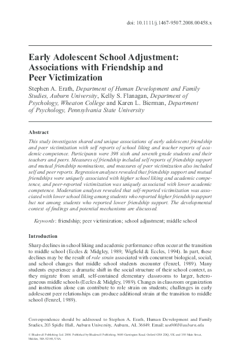(PDF) Early adolescent school adjustment: Associations with friendship ...