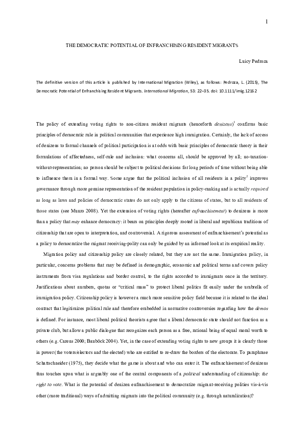 (PDF) The Democratic Potential of Enfranchising Resident Migrants