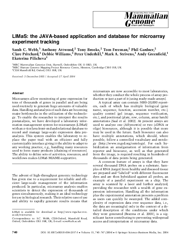 (PDF) LIMaS: the JAVA-based application and database for microarray experiment tracking
