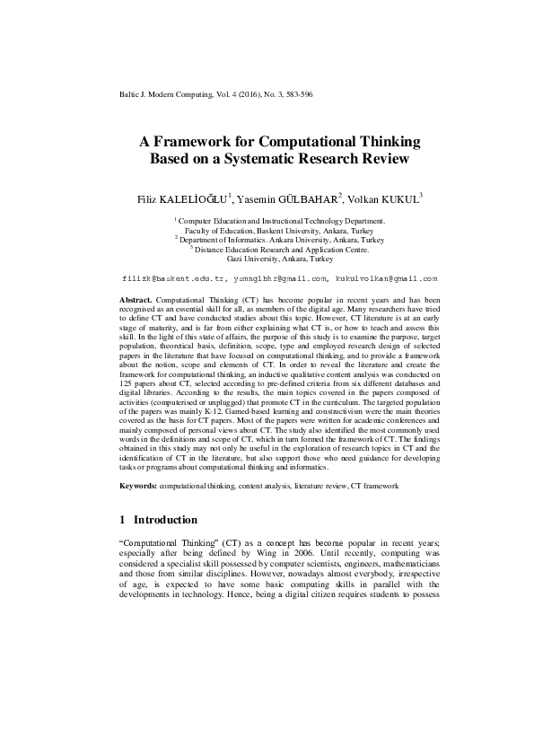 Pdf A Framework For Computational Thinking Based On A Systematic