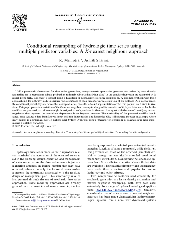(PDF) Conditional resampling of hydrologic time series using multiple predictor variables: A K ...