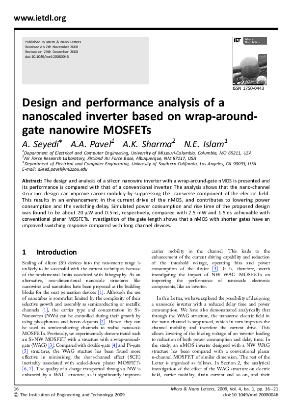 (PDF) Design and performance analysis of a nanoscaled inverter based on wrap-around-gate ...