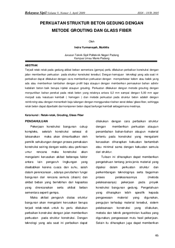 (PDF) PERKUATAN STRUKTUR BETON GEDUNG DENGAN METODE GROUTING DAN GLASS FIBER