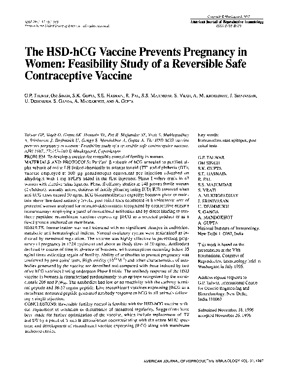 (PDF) The HSD-hCG Vaccine Prevents Pregnancy in Women: Feasibility ...