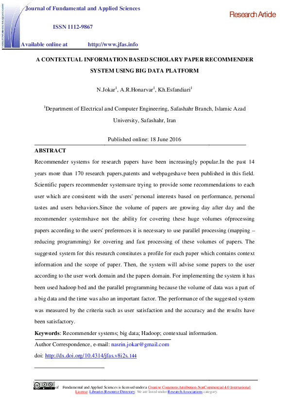 Pdf A Contextual Information Based Scholary Paper Recommender System Using Big Data Platform A