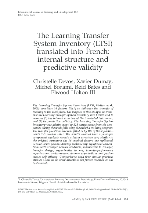 (PDF) The Learning Transfer System Inventory (LTSI) translated into French: internal structure ...