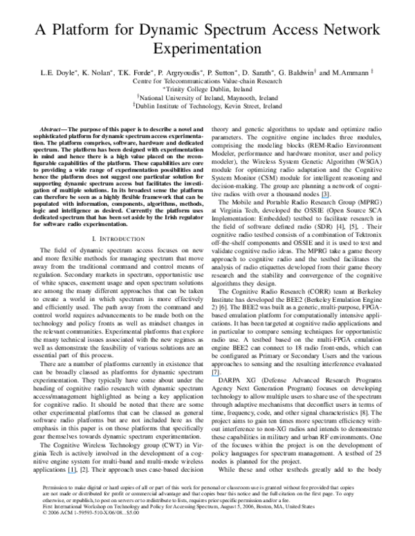 (PDF) A platform for dynamic spectrum access network experimentation