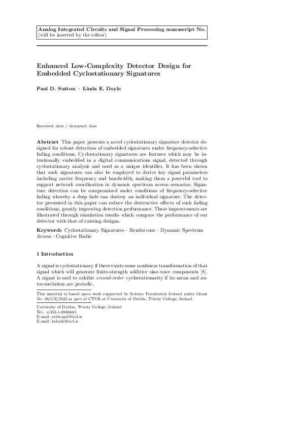 Pdf Enhanced Low Complexity Detector Design For Embedded Cyclostationary Signatures