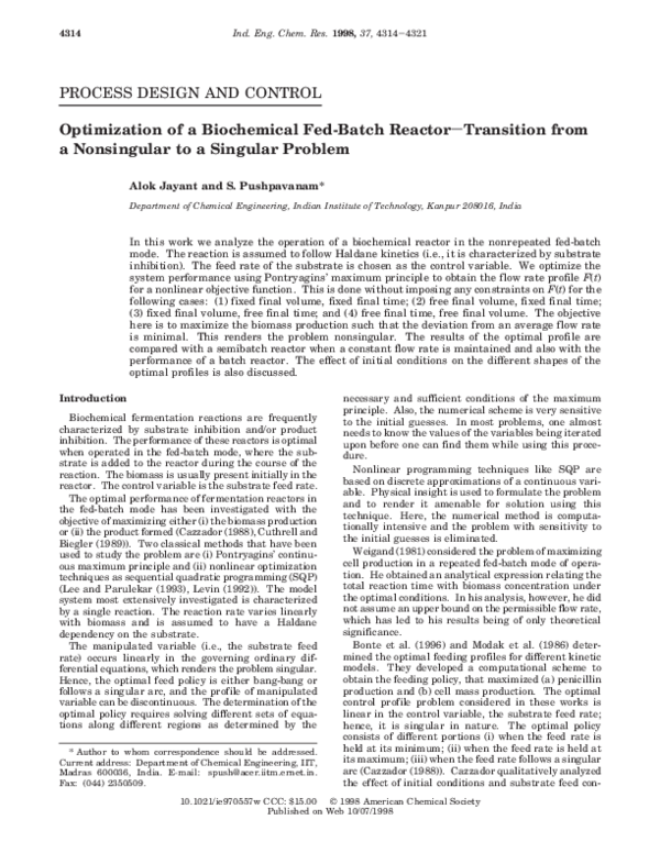 Pdf Optimization Of A Biochemical Fed Batch Reactor Using Sequential