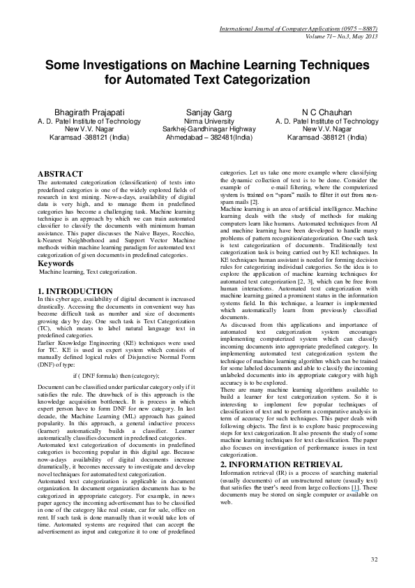 (PDF) Some Investigations on Machine Learning Techniques for Automated Text Categorization