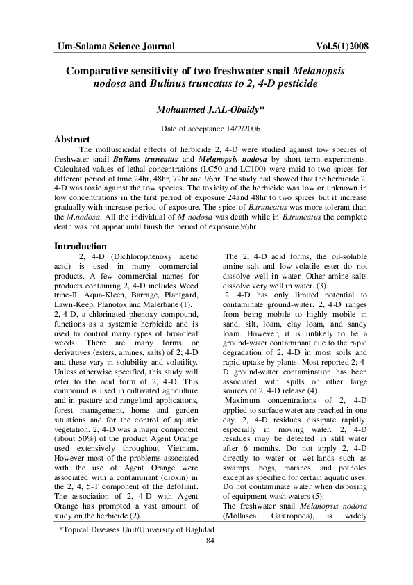 (PDF) Comparative sensitivity of two freshwater snail Melanopsis nodosa ...