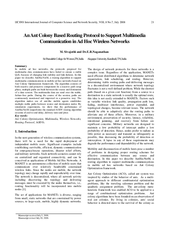Pdf An Ant Colony Based Protocol To Support Multimedia Communication In Ad Hoc Wireless