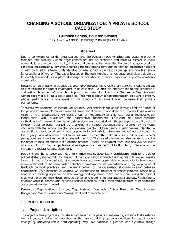 (PDF) CHANGING A SCHOOL ORGANIZATION: A PRIVATE SCHOOL CASE STUDY