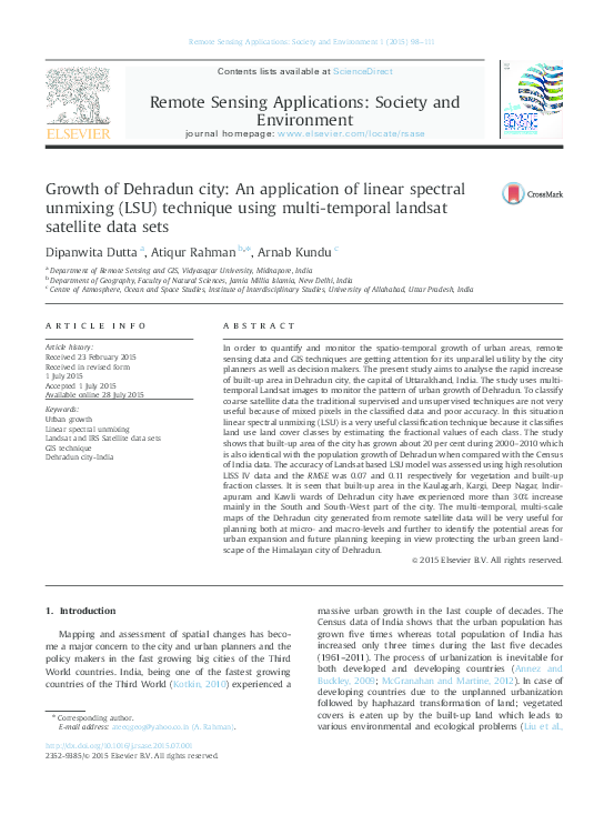 Pdf Growth Of Dehradun City An Application Of Linear Spectral Unmixing Lsu Technique Using