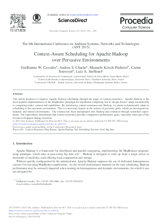 Pdf Context Aware Scheduling For Apache Hadoop Over Pervasive Environments Manuele Kirsch