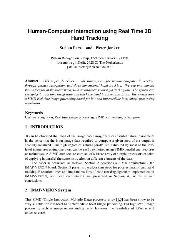 (PDF) Human-computer interaction using real-time 3D hand tracking | Pieter P Jonker - Academia.edu
