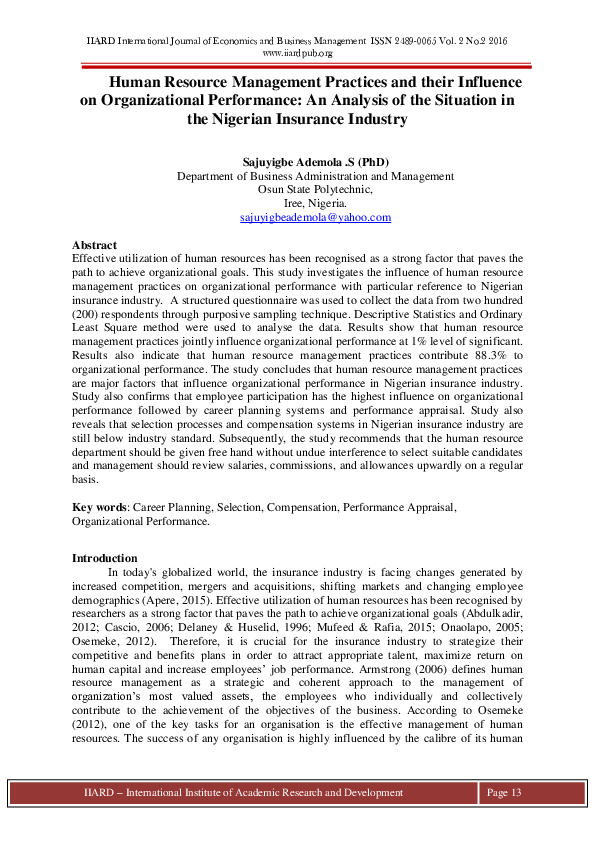 (PDF) Human Resource Management Practices and their Influence on Organizational Performance: An ...
