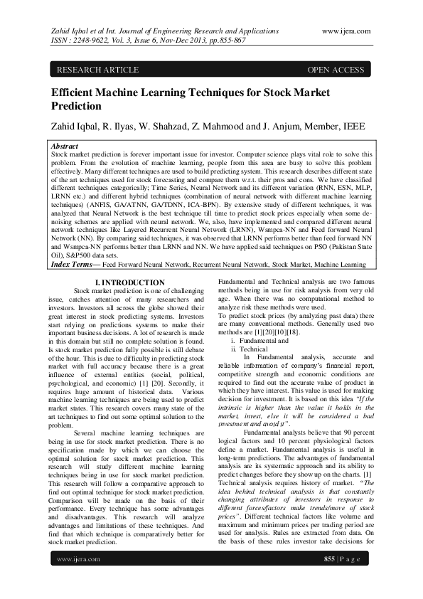 (PDF) Efficient Machine Learning Techniques for Stock Market Prediction