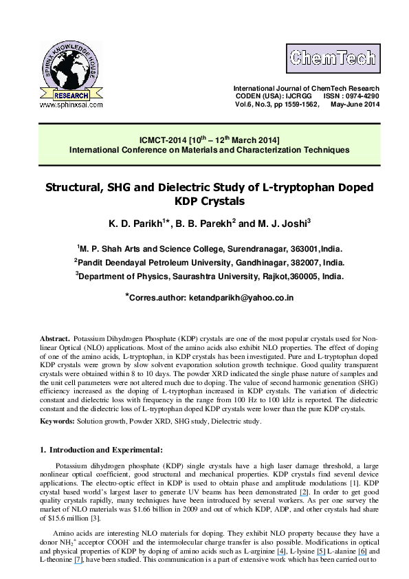 (PDF) Structural, SHG and Dielectric Study of L-tryptophan Doped KDP ...