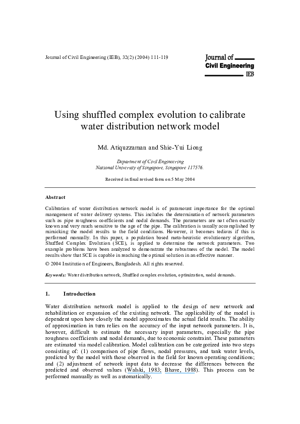(PDF) Using shuffled complex evolution to calibrate water distribution network model
