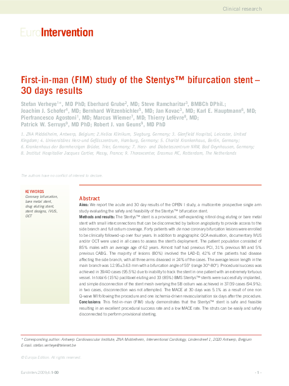 (PDF) First-in-man (FIM) study of the Stentys™ bifurcation stent – 30 ...