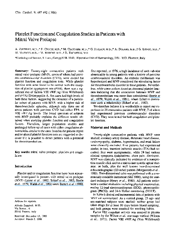 (PDF) Platelet function and coagulation studies in patients with mitral valve prolapse