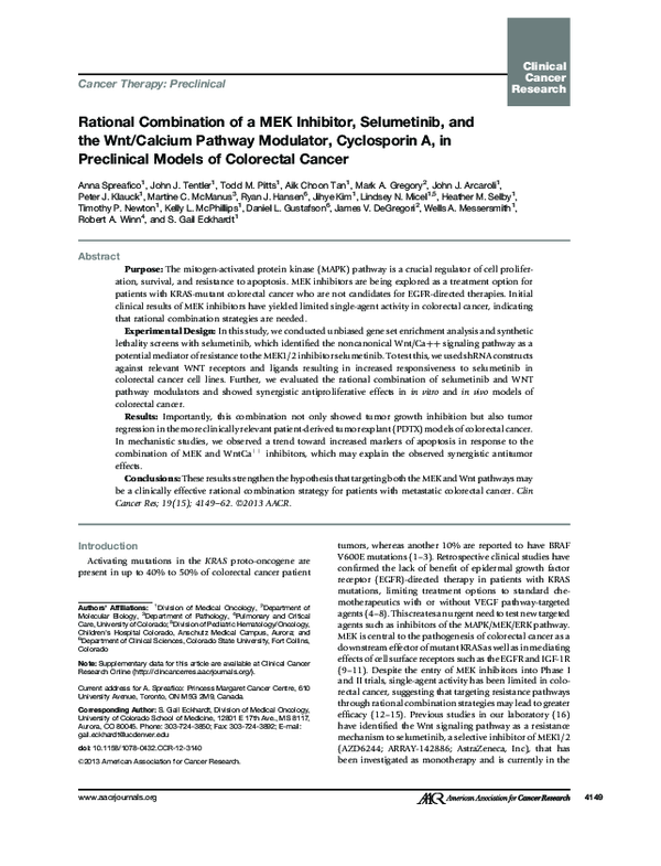 (PDF) Rational Combination of a MEK Inhibitor, Selumetinib, and the Wnt ...